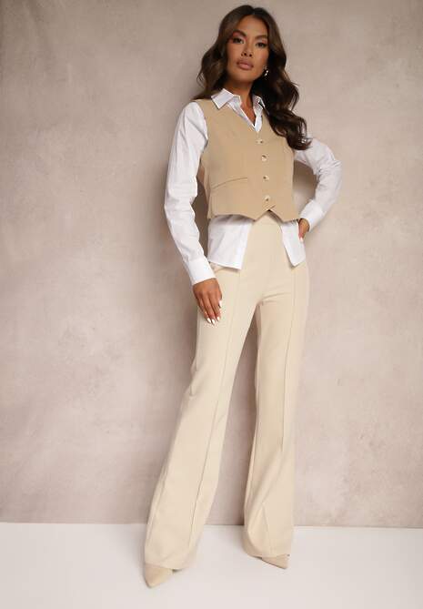 Beżowe Szerokie Spodnie Garniturowe z Wysokim Stanem i Gumką w Talii ...