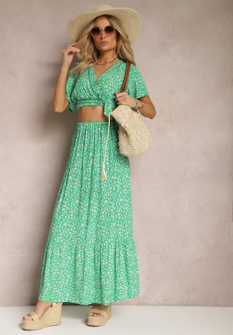 Set de vară verde din viscoză cu fustă lungă și top înfășurat cu legare ...