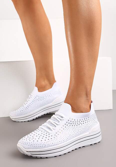 Białe Wsuwane Sneakersy z Cyrkoniami na Grubej Podeszwie z Materiałową ...