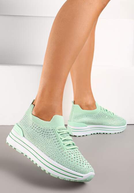 Jasnozielone Wsuwane Sneakersy z Cyrkoniami na Grubej Podeszwie z ...