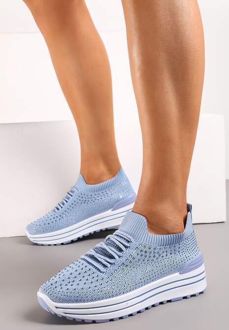 Niebieskie Wsuwane Sneakersy z Cyrkoniami na Grubej Podeszwie z ...