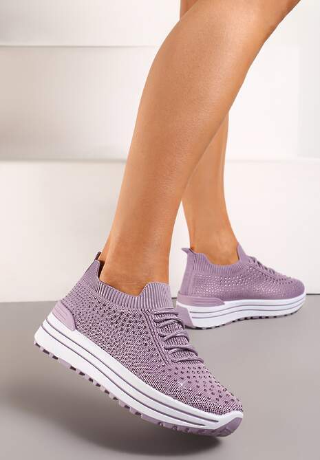 Fioletowe Wsuwane Sneakersy z Cyrkoniami na Grubej Podeszwie z ...