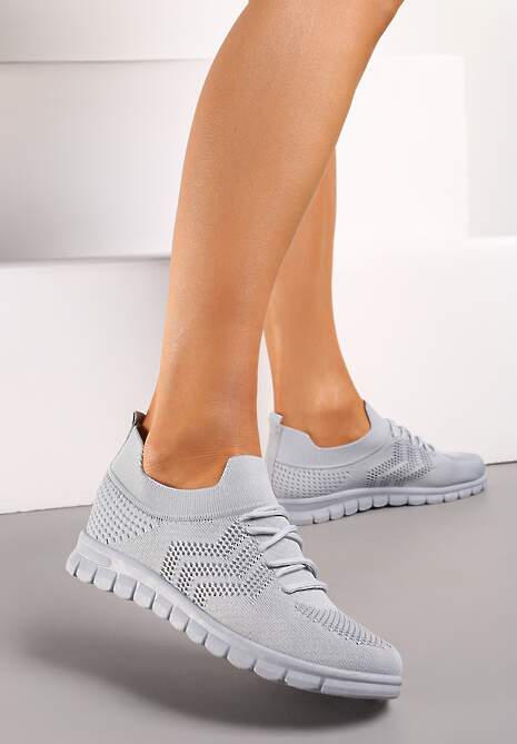 Szare Buty Sportowe z Ozdobnym Sznurowaniem i Elastyczną Materiałową ...