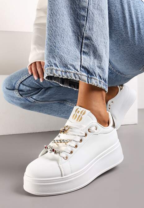 Biało-Złote Sneakersy na Platformie Ozdobione Odpinanymi Aplikacjami z ...