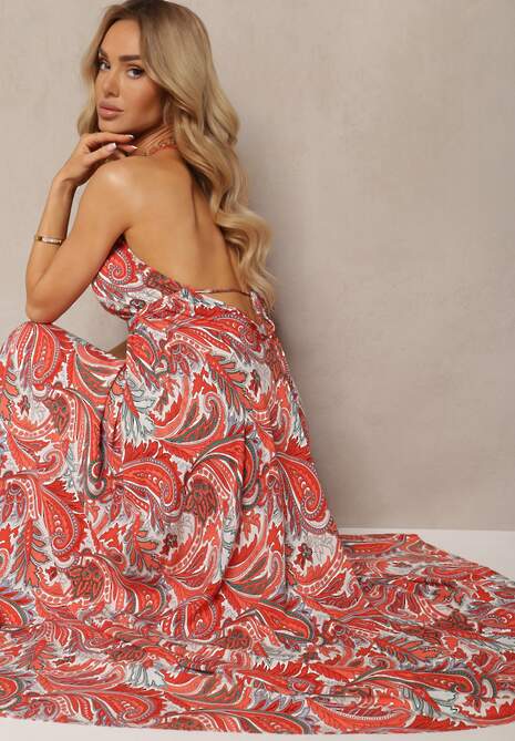 Rochie portocalie din viscoză cu legare la gât și elastic sub bust ...