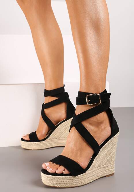 Czarne Sandały na Plecionym Koturnie i Platformie Tinami - Renee