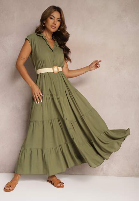 Ciemnozielona Taliowana Sukienka z Wiskozy o Rozkloszowanym Koszulowym ...