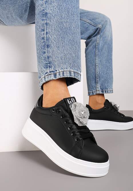 Czarno-Srebrne Sneakersy na Platformie z Aplikacją Kwiatu 3D z ...
