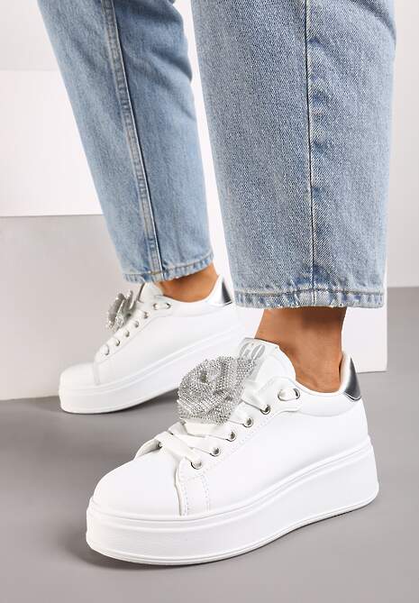 Biało-Srebrne Sneakersy na Platformie z Aplikacją Kwiatu 3D z ...