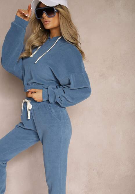 Granatowy Komplet Dresowy z Dodatkiem Bawełny Spodnie z Gumką w Pasie i ...