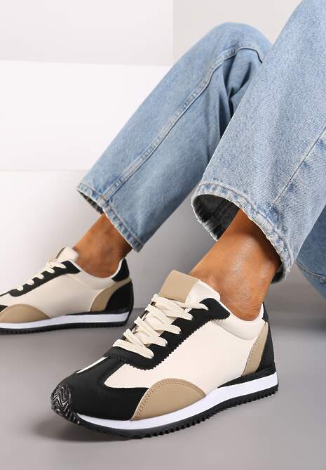 Czarne Sneakersy na Płaskiej Podeszwie z Geometrycznym Motywem Nevenia ...