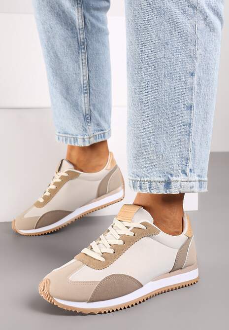 Ciemnobeżowe Sneakersy na Płaskiej Podeszwie z Geometrycznym Motywem ...