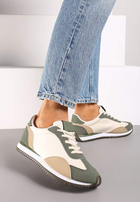 Zielone Sneakersy na Płaskiej Podeszwie z Geometrycznym Motywem Nevenia ...