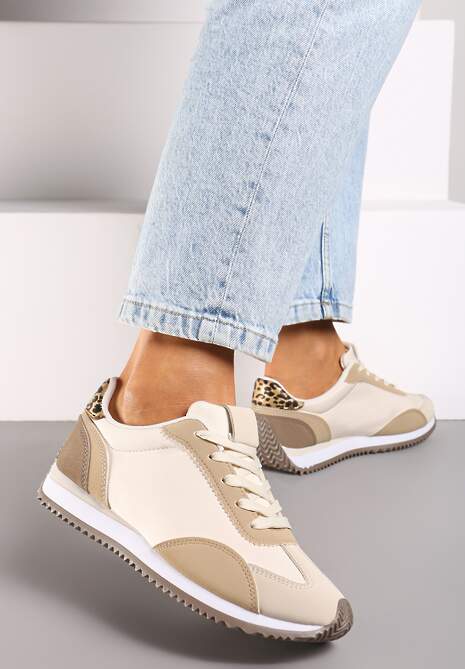 Beżowo-Brązowe Sneakersy na Płaskiej Podeszwie z Geometrycznym Motywem ...