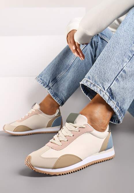 Beżowe Sneakersy na Płaskiej Podeszwie z Geometrycznym Motywem Nevenia ...