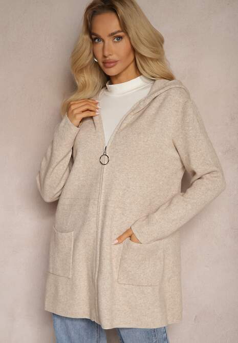 Beżowy Kardigan z Wiskozą i Bawełną Zapianany na Suwak z Kieszeniami i ...