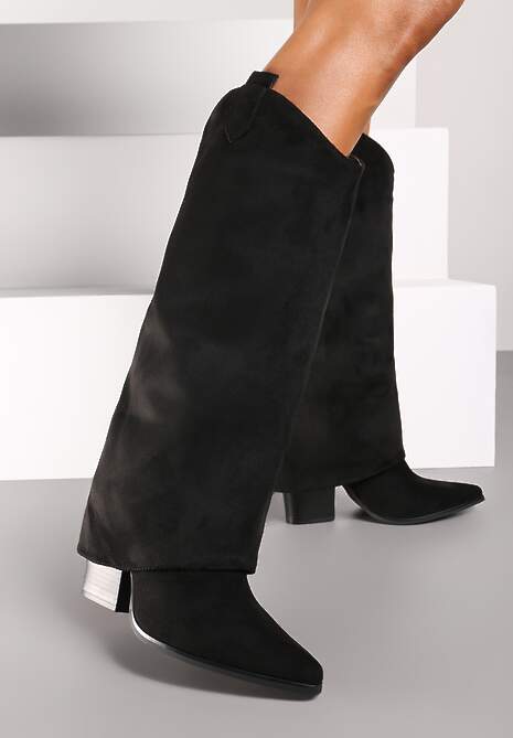 Czarne Kozaki Kowbojki na Stożku z Wywiniętą Cholewką Remisha - Renee