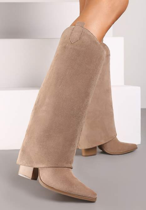 Ciemnobeżowe Kozaki Kowbojki na Stożku z Wywiniętą Cholewką Remisha - Renee