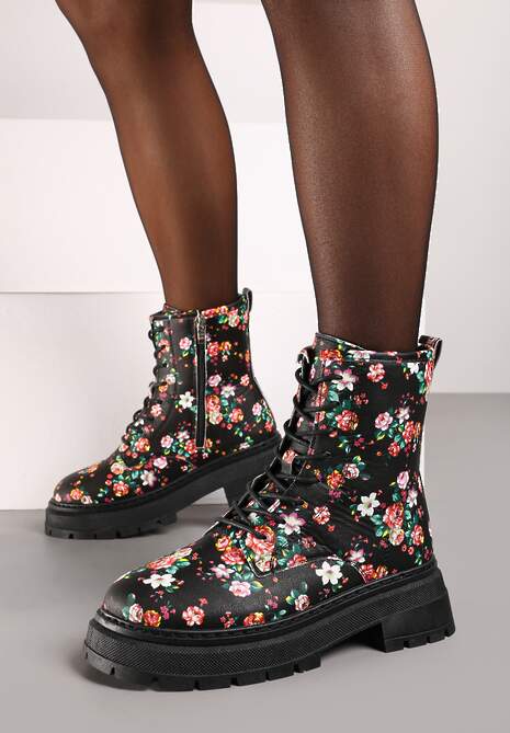 Czarno-Czerwone Botki Workery na Grubej Podeszwie z Tłoczeniami Daitara ...