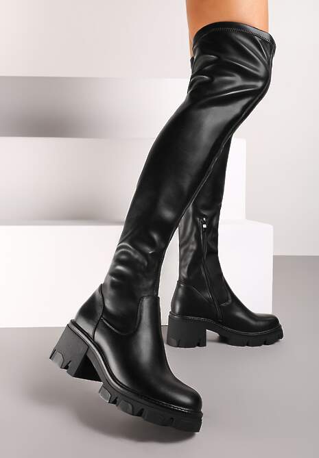 Czarne Kozaki na Słupku z Ociepleniem i Dopasowaną Cholewką Jessalina ...