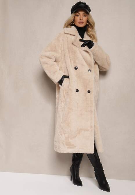 Beżowy Futerkowy Płaszcz z Domieszką Wiskozy o Dwurzędowym Kroju Ravora ...