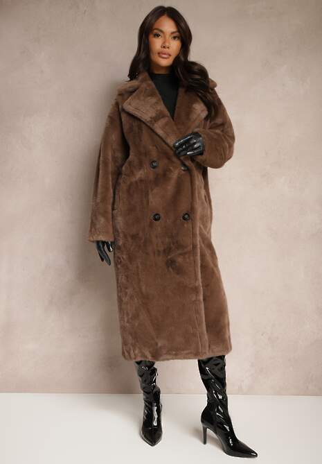 Brązowy Futerkowy Płaszcz z Domieszką Wiskozy o Dwurzędowym Kroju ...