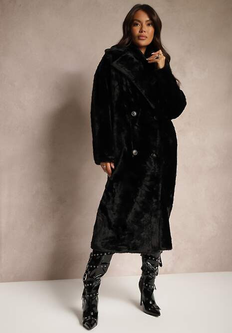 Czarny Futerkowy Płaszcz z Domieszką Wiskozy o Dwurzędowym Kroju Ravora ...