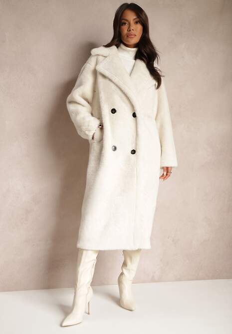 Jasnobeżowy Futerkowy Płaszcz z Domieszką Wiskozy o Dwurzędowym Kroju ...