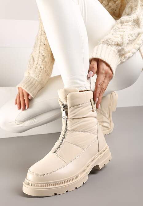 Beżowe Śniegowce na Płaskiej Podeszwie z Pikowaną Cholewką z Ozdobnym ...