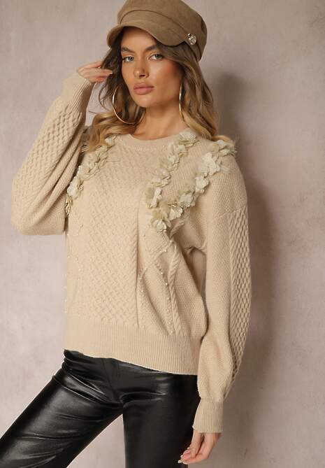 Jasnobeżowy Klasyczny Sweter z Ozdobnymi Kwiatowymi Aplikacjami i ...