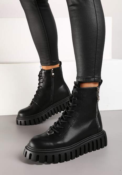 Czarne Skórzane Botki Workery na Grubej Podeszwie z Tłoczeniami ...