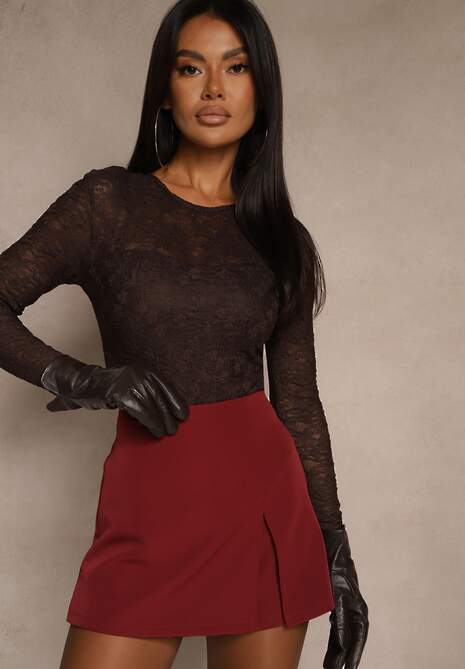Bordowe Spódnico-Szorty High Waist z Rozcięciem Vikone - Renee