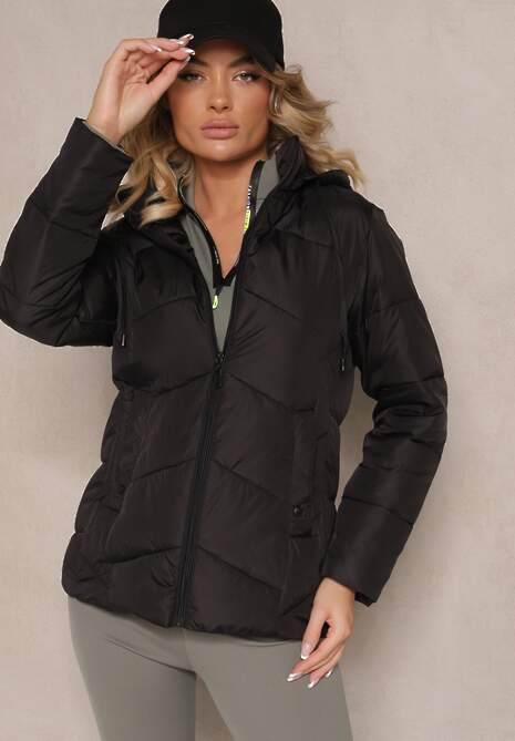 Czarna Pikowana Kurtka Przejściowa z Kapturem Silidi - Renee