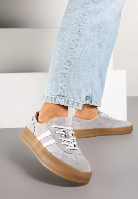 Szare Sneakersy Klasyczne Tenisówki ze Skóry Naturalnej Alotia - Renee