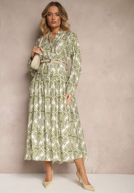 Zielona Wiskozowa Sukienka w Ornamentalny Wzór o Rozkloszowanym Kroju ...