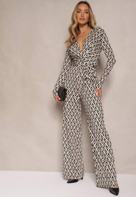 Czarny Kombinezon z Kopertowym Dekoltem Paskiem i Geometrycznym Printem ...