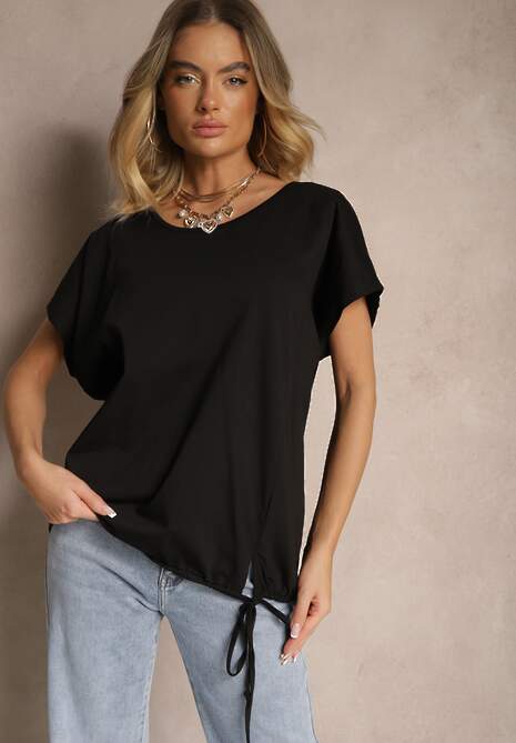 Czarny Bawełniany T-shirt w Stylu Oversize z Rękawami Nietoperz Alolia ...