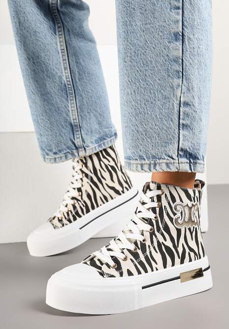 Beżowo-Czarne Trampki na Platformie za Kostkę Ozdobione Printem w ...