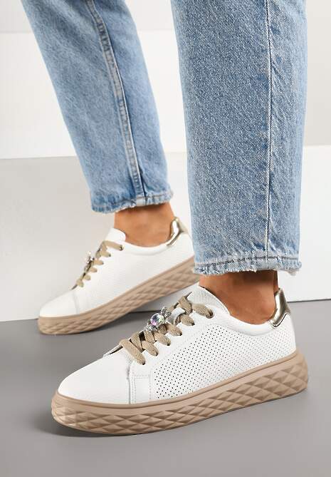 Biało-Złote Skórzane Sneakersy Typu Klasyczne Tenisówki Sondria - Renee