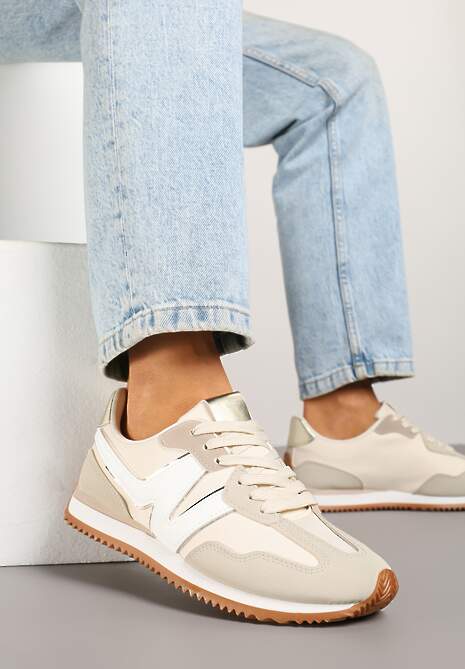 Jasnobeżowe Sneakersy z Geometrycznym Wzorem i Metaliczną Wstawką Zolio ...