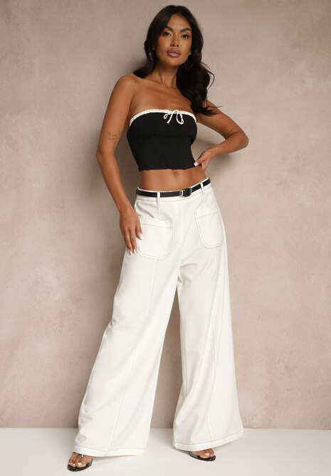 Białe Szerokie Spodnie High Waist z Wiskozą z Ozdobnymi Przeszyciami ...