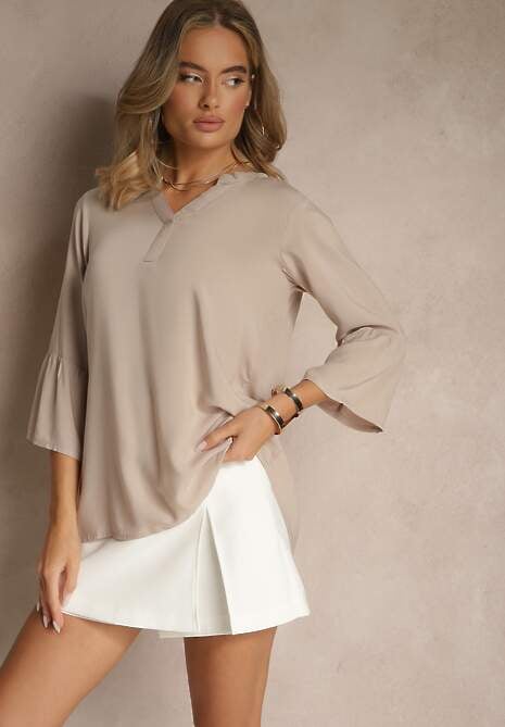 Ciemnobeżowa Bluzka z Wiskozy Ozdobiona Falbankami Ralivia - Renee