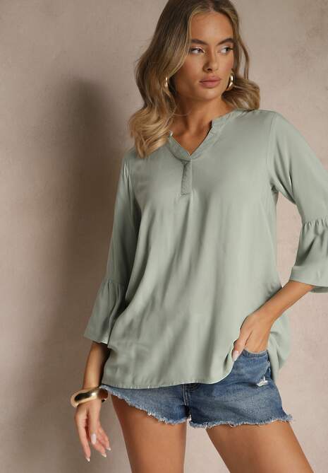 Zielona Bluzka z Wiskozy Ozdobiona Falbankami Ralivia - Renee