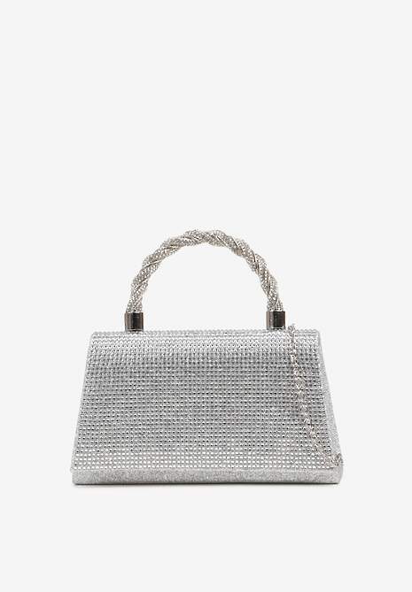 Srebrna Torebka Typu Kuferek z Rączką i Łańcuszkiem Zdobiona Cyrkoniami ...