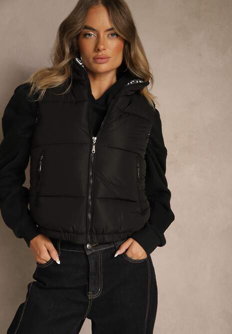 Czarna Kamizelka Ozdobiona Pikowaniem i Wzorzystą Podszewką w Meander ...