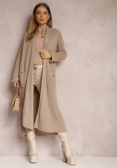 Beżowy Kardigan z Wełną Długi Oversize Dexane - Renee
