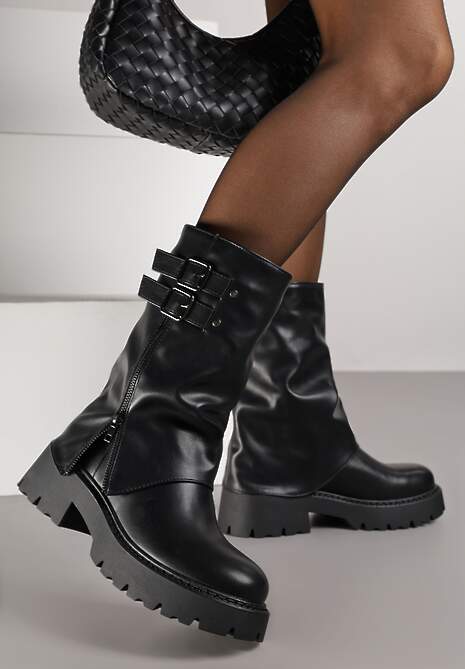 Czarne Botki Biker Boots VICES ze Sprzączkami i Cholewką Imitującą ...