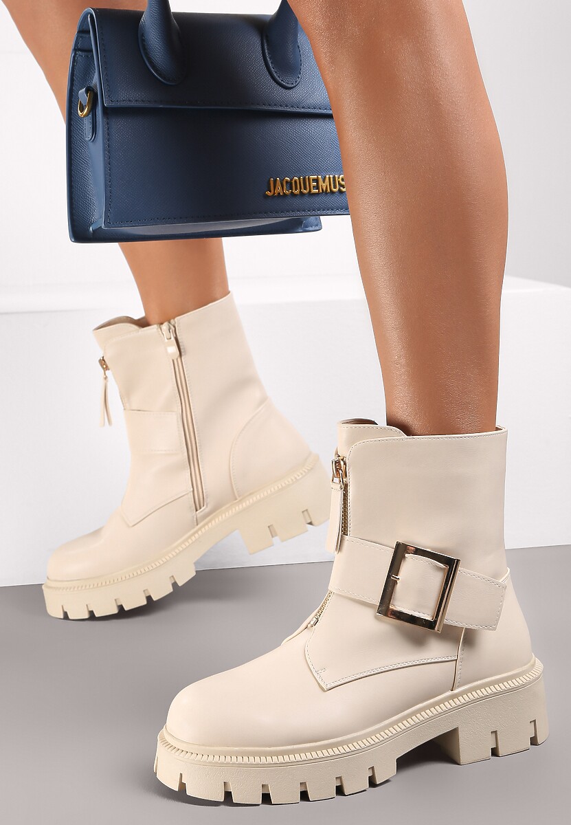 Beżowe Botki Workery na Grubej Podeszwie Amathosa - Renee