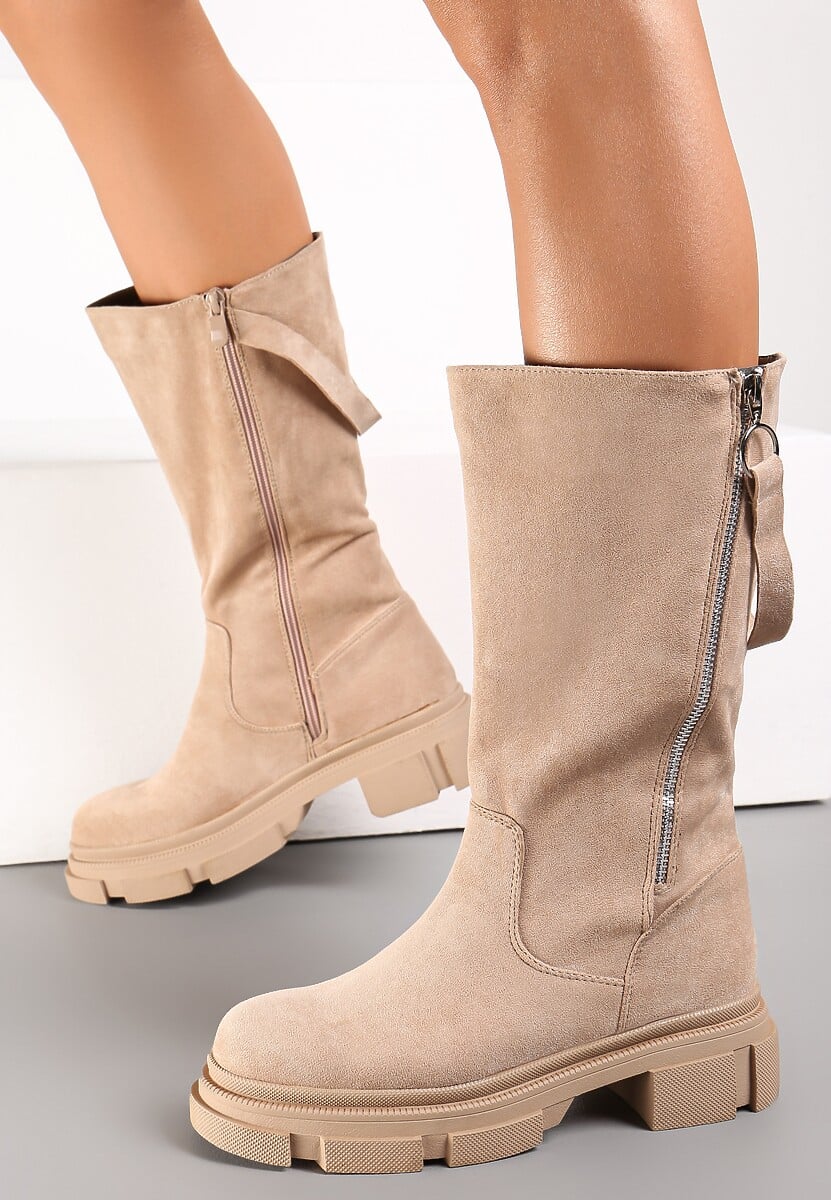 Ciemnobeżowe Kozaki na Grubej Podeszwie Zongi - Renee