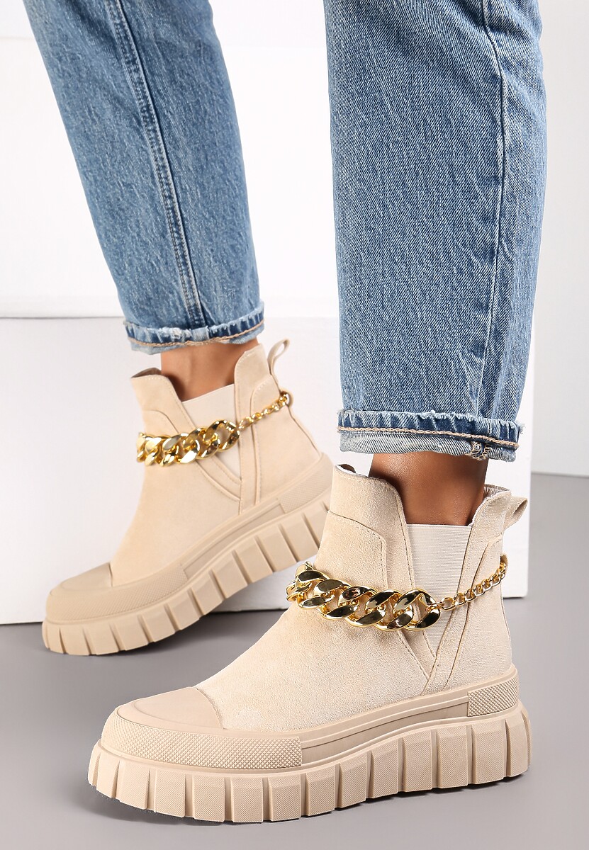 Beżowe Botki na Platformie z Łasuchem Miko - Renee